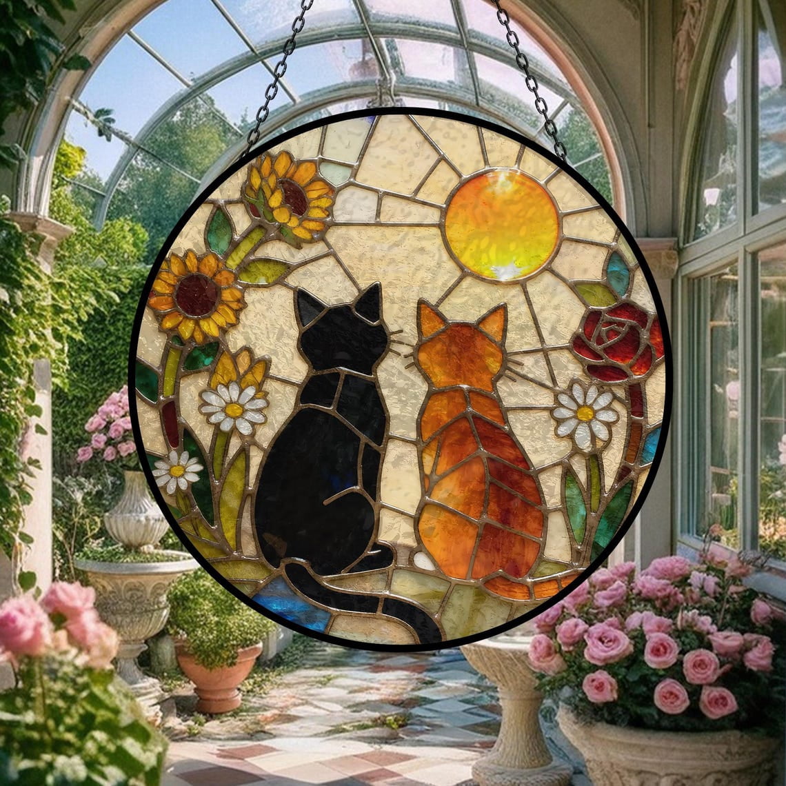 Black & Orange Cats Silhouette Glass Suncatcher, Sunflowers Pattern ...