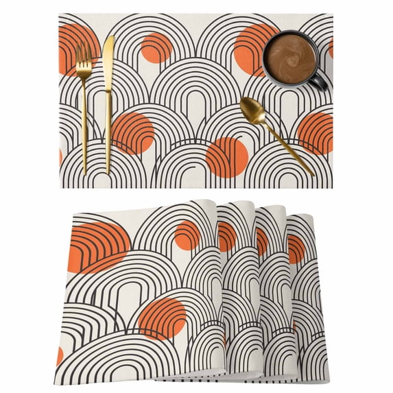 Black Orange Cotton Linen Placemats Set of 8, Abstract Line Boho Mid ...