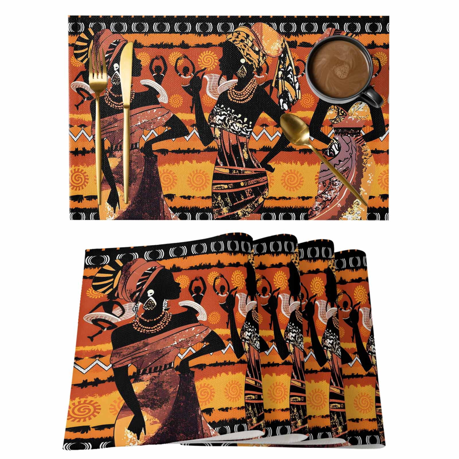 Black Orange Girls Boho Placemats Set of 6, Vintage Ethnic Tribe ...