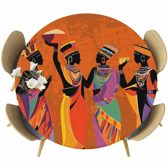 Black Orange Girls Boho Round Tablecloth, Fitted Table Cover with ...