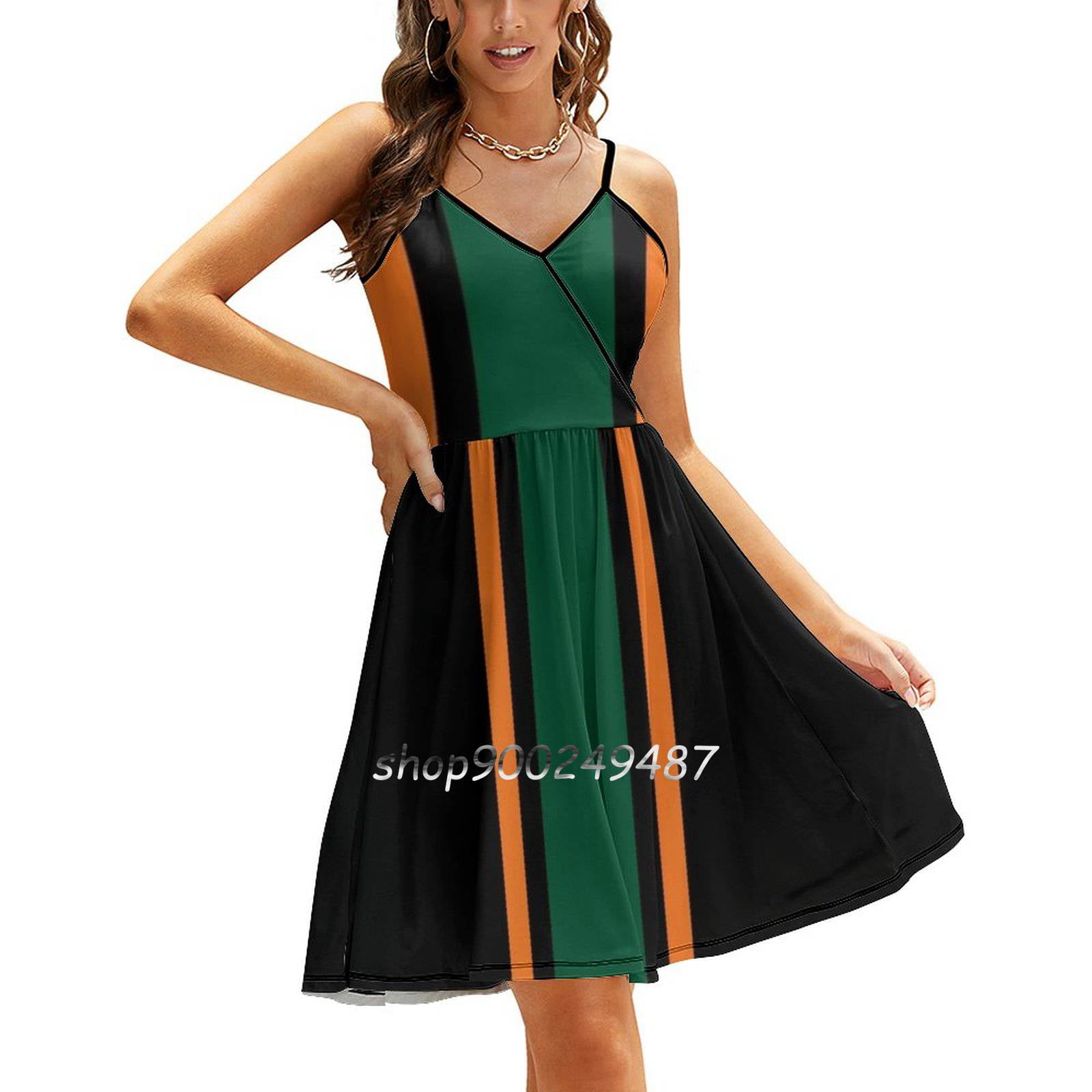 Black Orange & Green Vertical Power Stripe Evening Party Dresses Midi ...