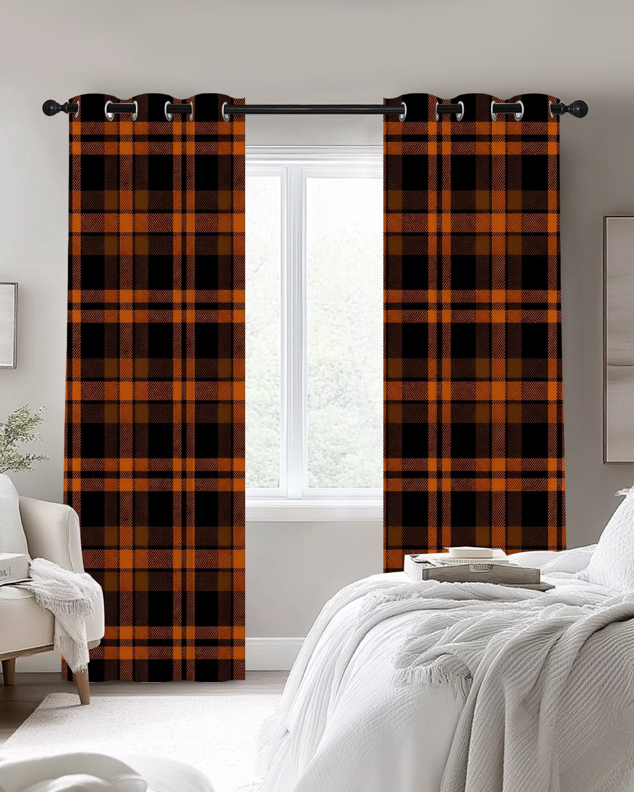 Black Orange Grid Blackout Curtains 2 Panels, Fall Minimalist Orange ...