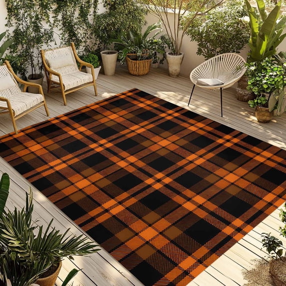 Black Orange Grid Outdoor Rug, Fall Minimalist Orange Dark Plaid ...