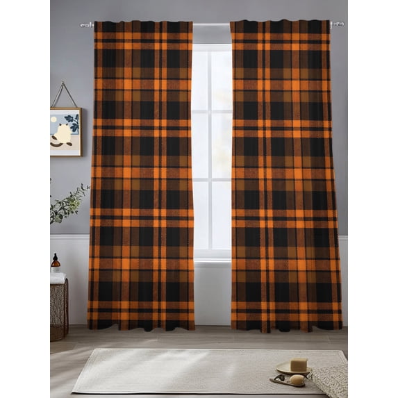 Black Orange Grid Sheer Curtains 96 inches Long, Fall Minimalist Orange ...