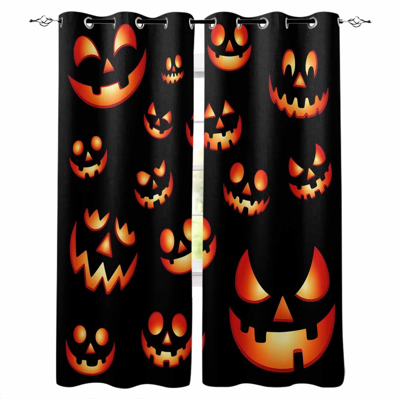 Black Orange Halloween Blackout Curtains 96 Inches Long, Pumpkins ...