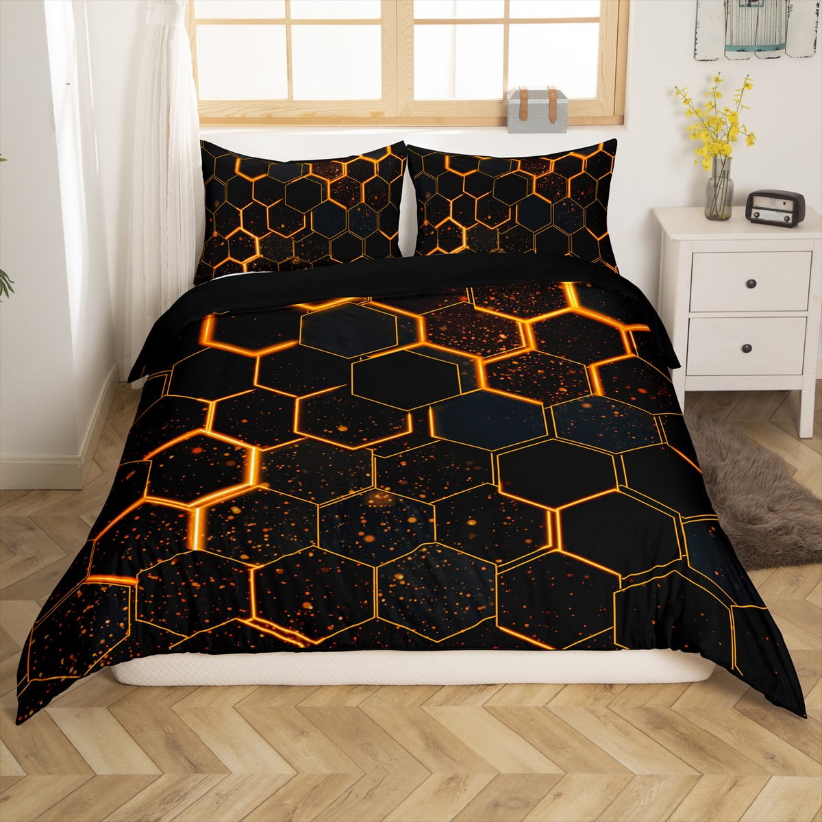 Black Orange Honeycomb Duvet Cover Neon Hexagon Comforter Cover ...