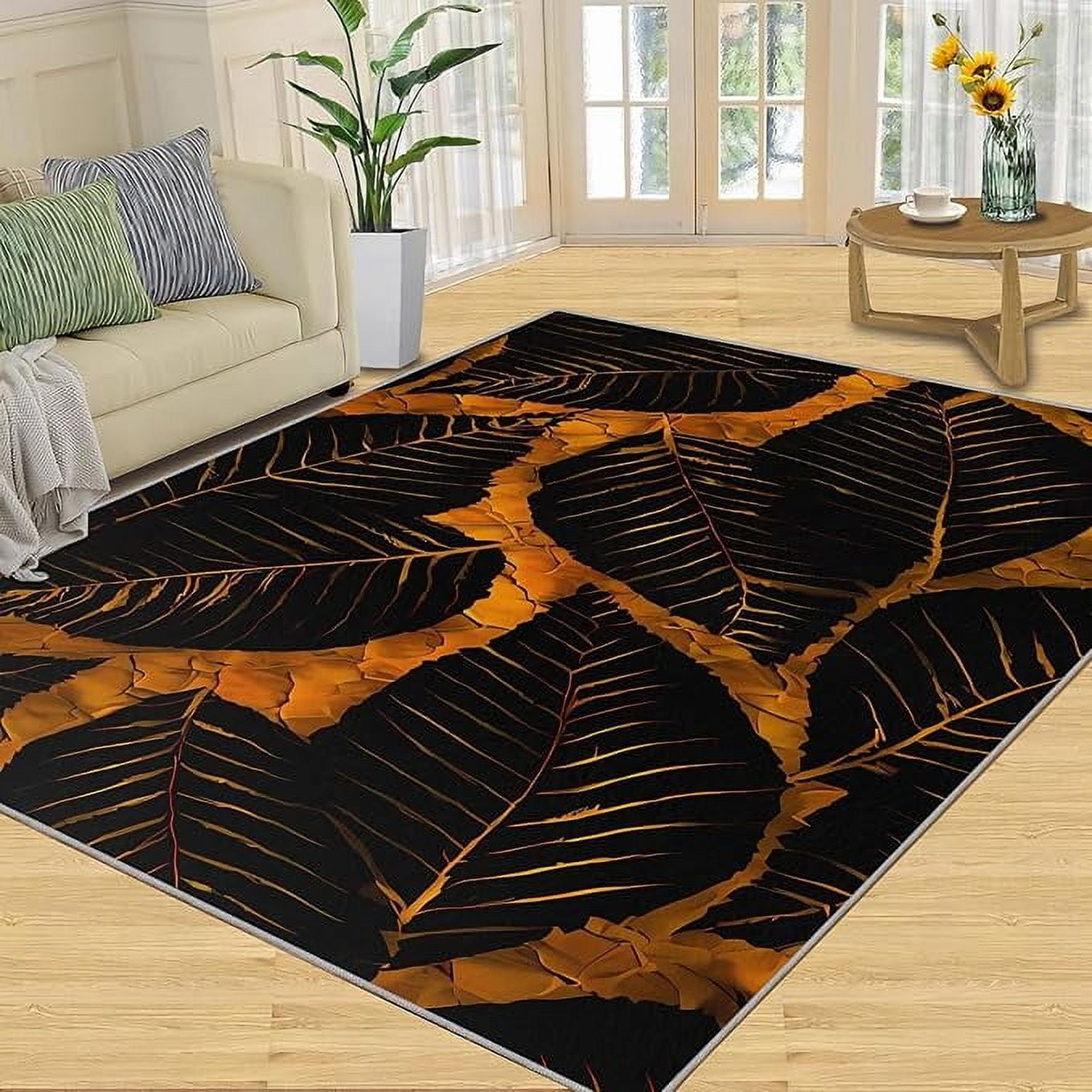 Black Orange Leaves Area Rug, Modern Simple Print Rugs For Living Room ...