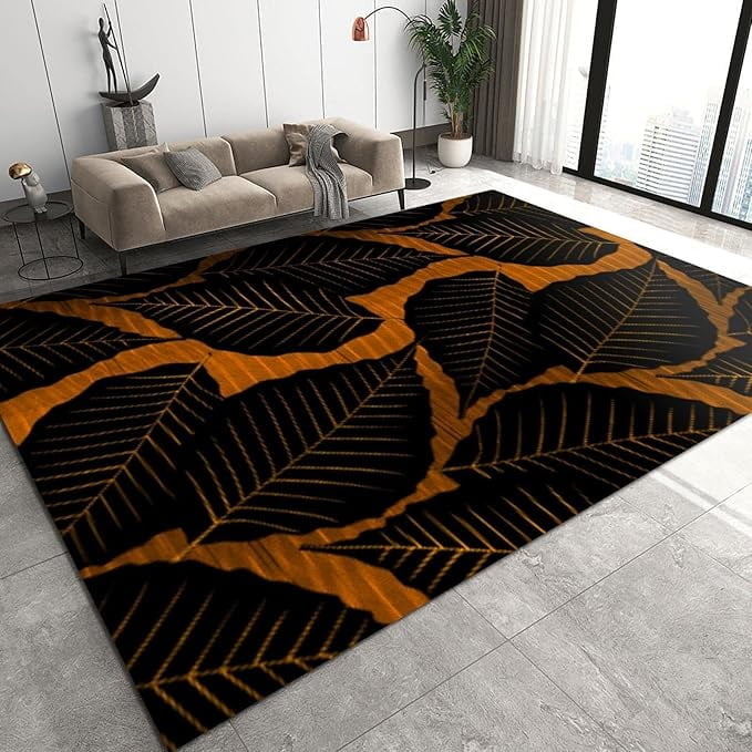 Black Orange Leaves Texture Area Rug, Modern Minimalist Line Art Living ...