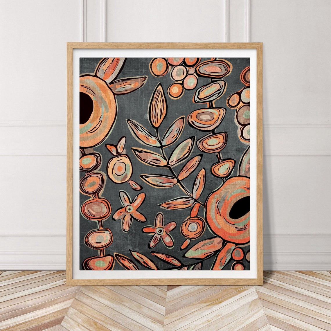 Black Orange Modern Abstract Floral Rose Illustration Wall Art ...