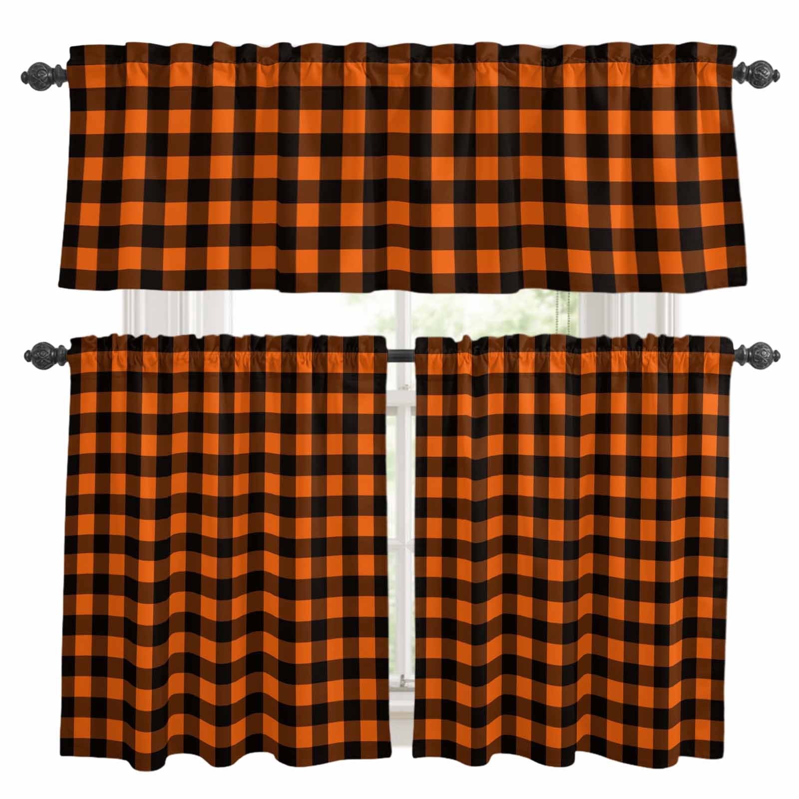 Black Orange Plaid Kitchen Curtains, Kitchen Curtains and Valances Set ...