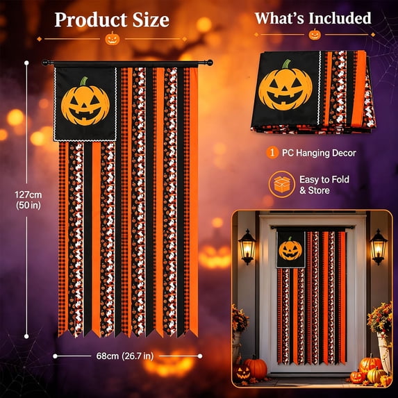 Black Orange Plaid Lace Tassel Halloween Hanging Banner, Pumpkin Bat ...