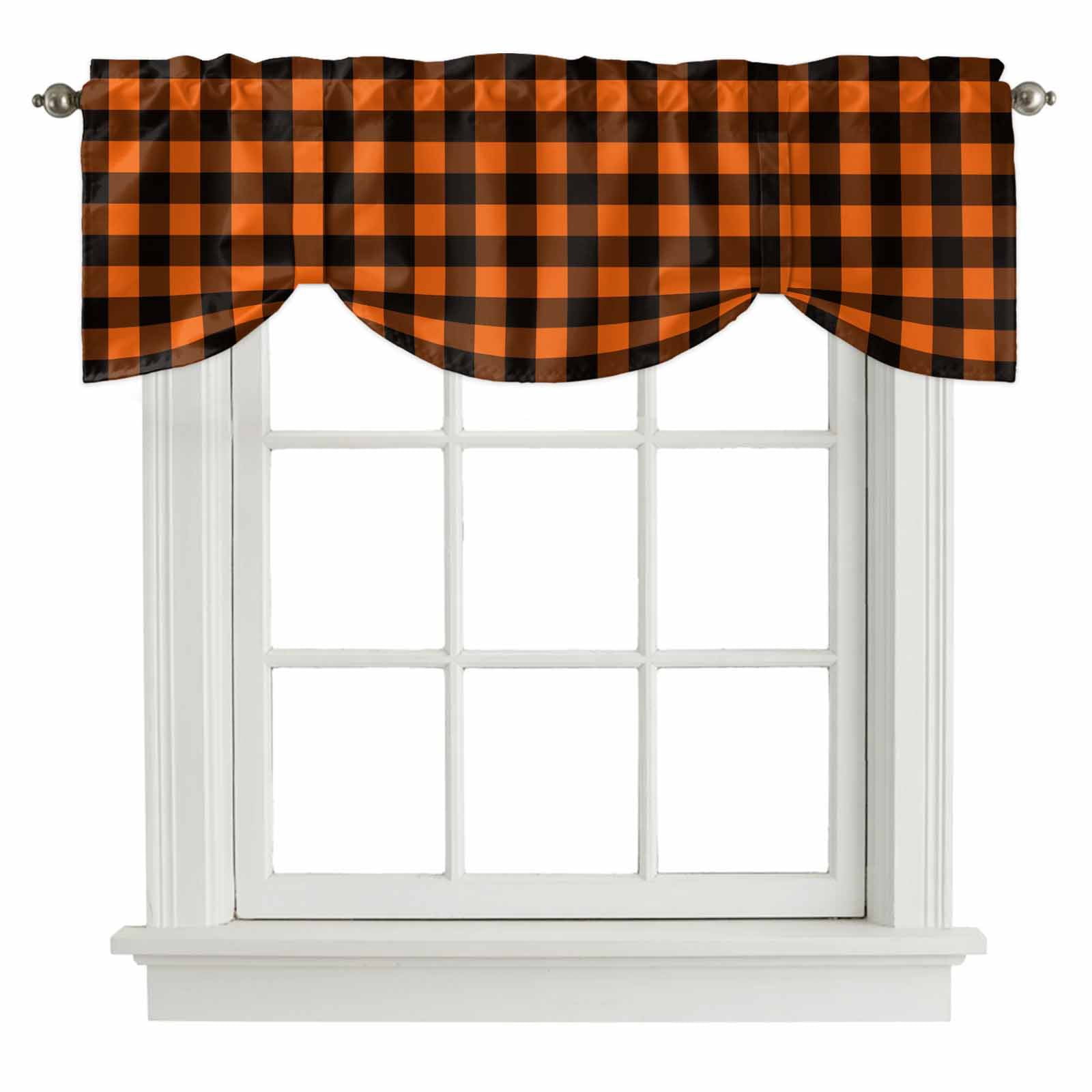 Black Orange Plaid Tie Up Valance Curtains for Windows, Kitchen ...