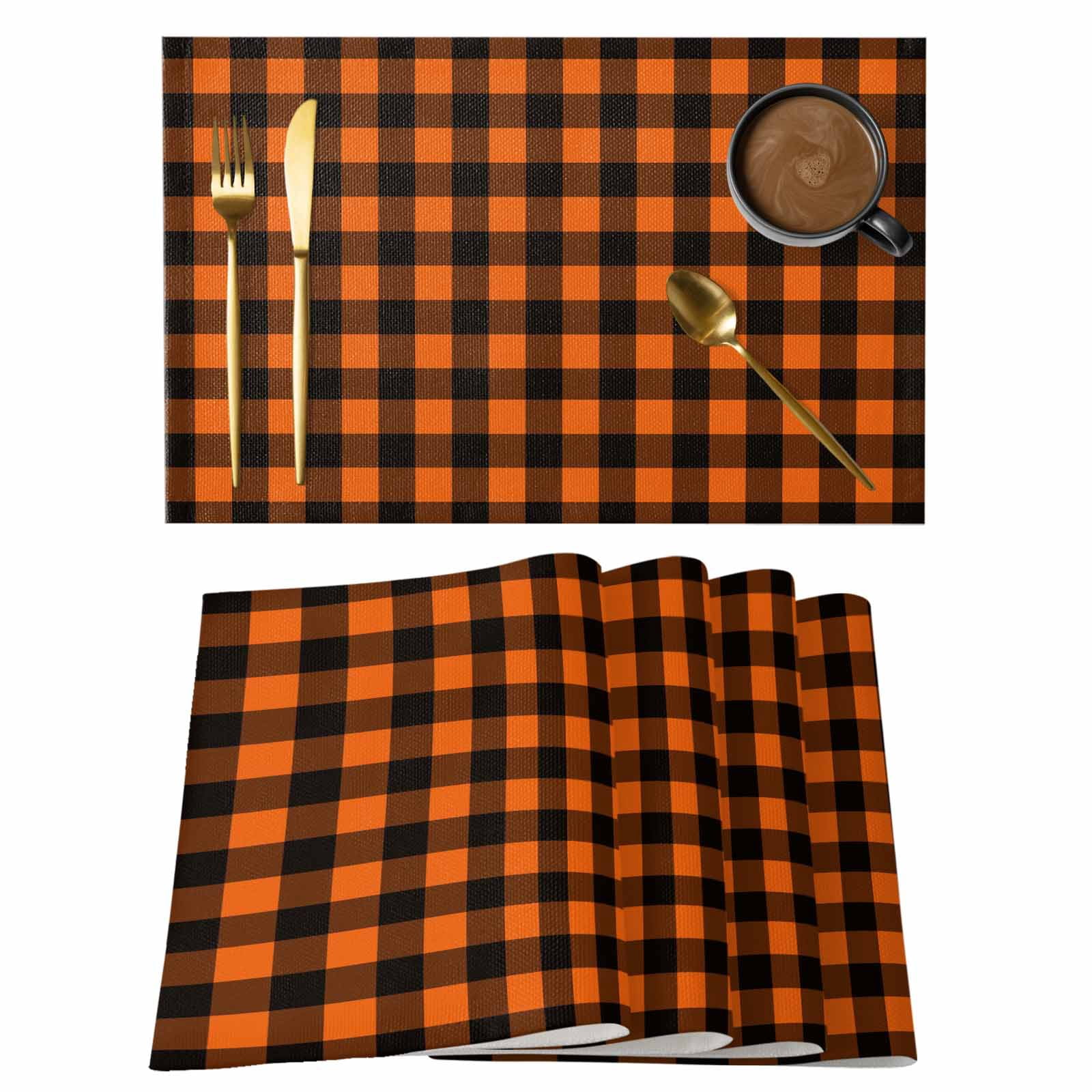 Black Orange Retro Plaid Cotton Linen Placemats Set of 12, Pastoral ...