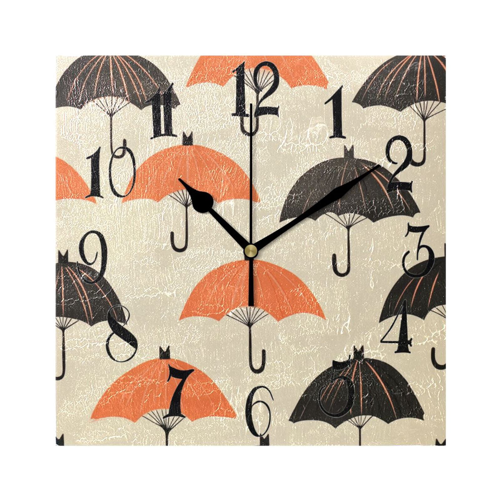 Black Orange Umbrellas Wall Clock Decorative Square Silent Non-Ticking ...