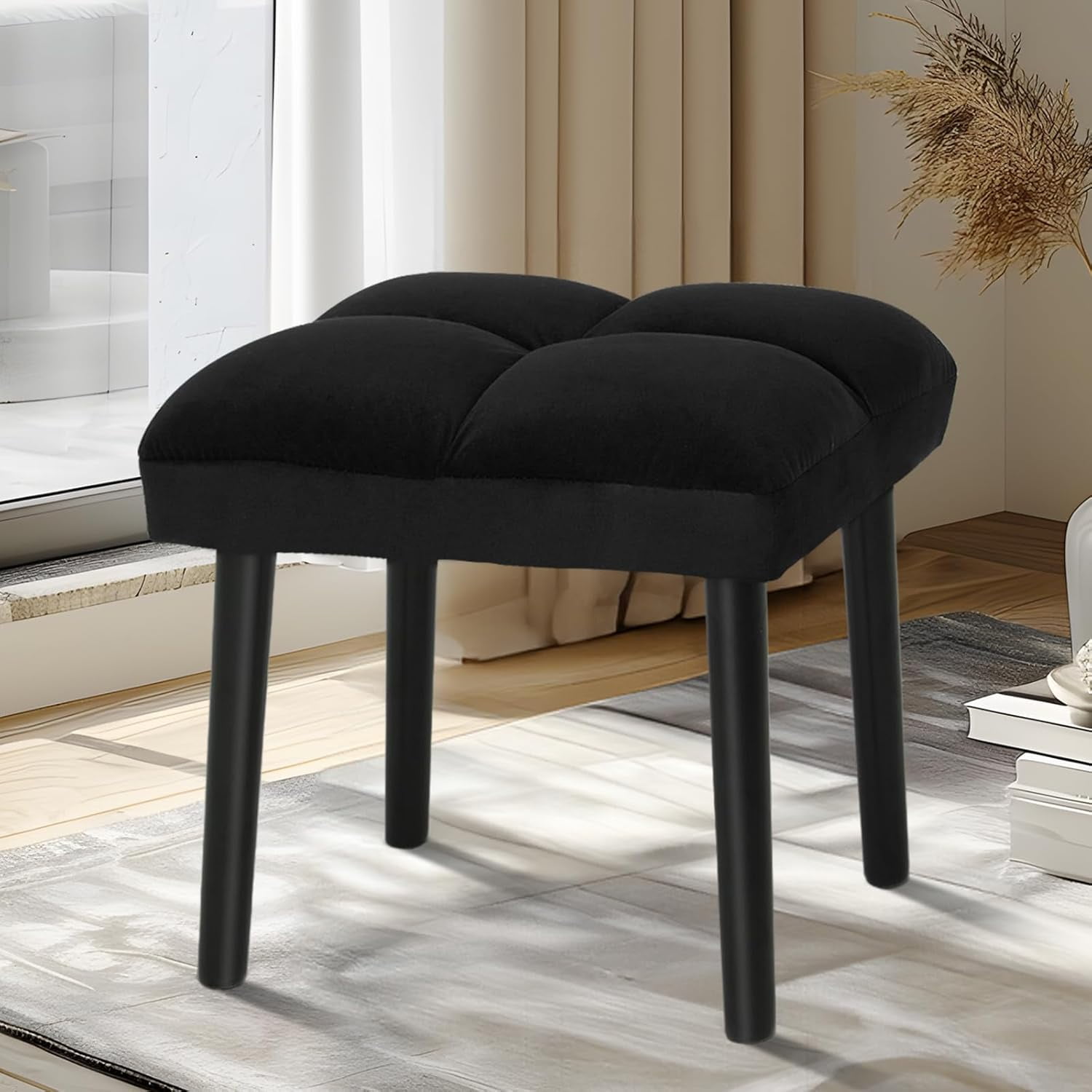 Black Ottoman Stool, Square Makeup Stool with Wooden Legs, Small ...