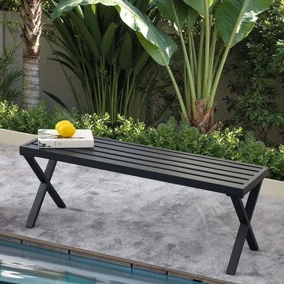 Black Outdoor Backless Bench for Garden, Metal Outdoor Bench ...