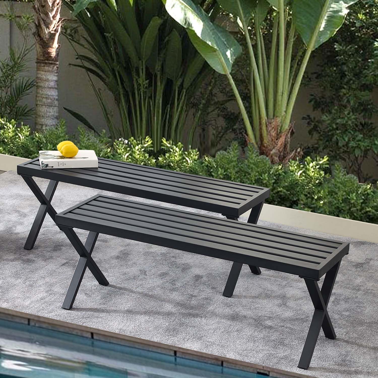 Black Outdoor Backless for Garden, Set of 2, Metal Outdoor Weatherproof ...