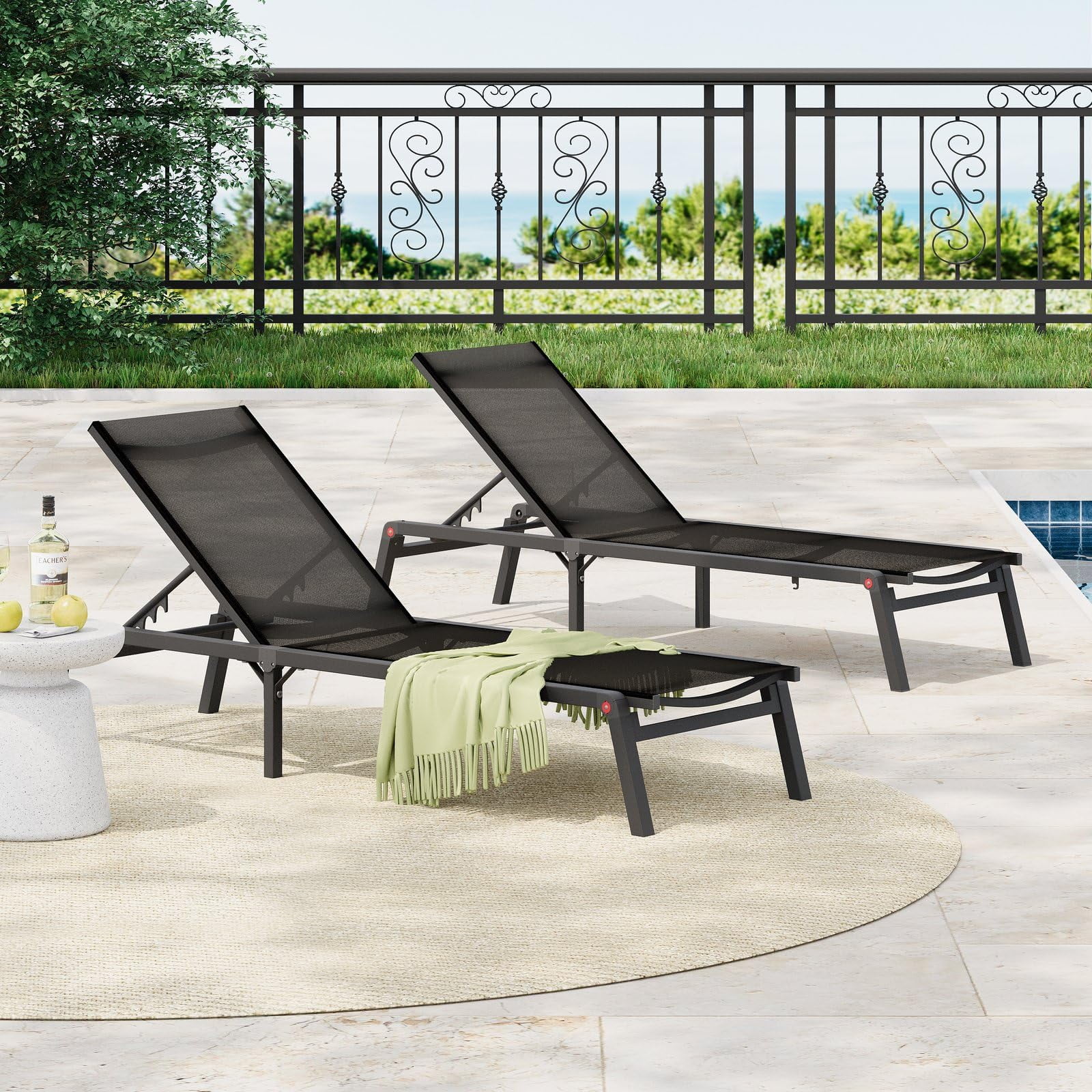Black Outdoor Chaise Lounge (Set of 2) - Adjustable Backrest, Heavy ...