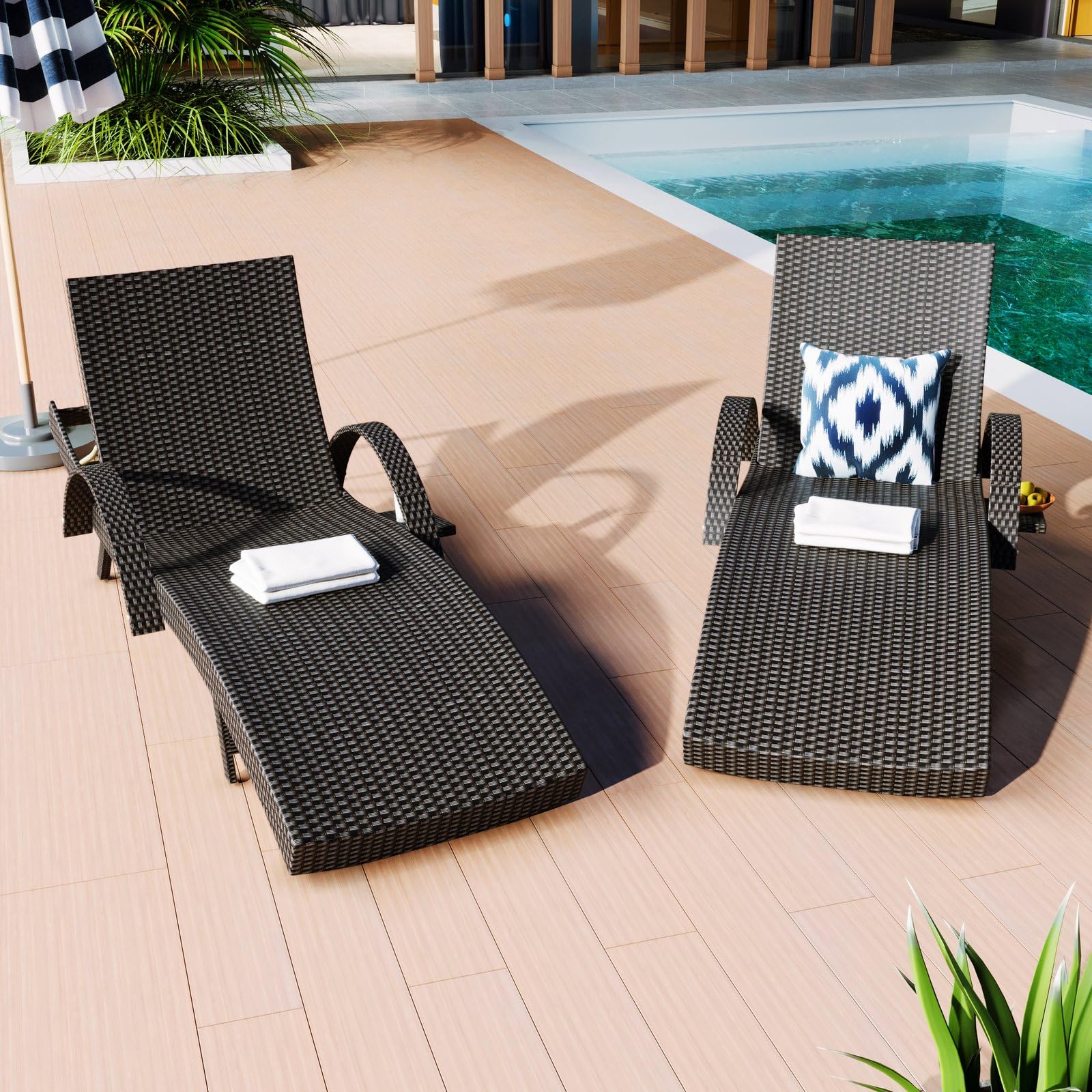 Black Outdoor Chaise Lounge Set of 2, Wicker Reclining Patio Chairs ...