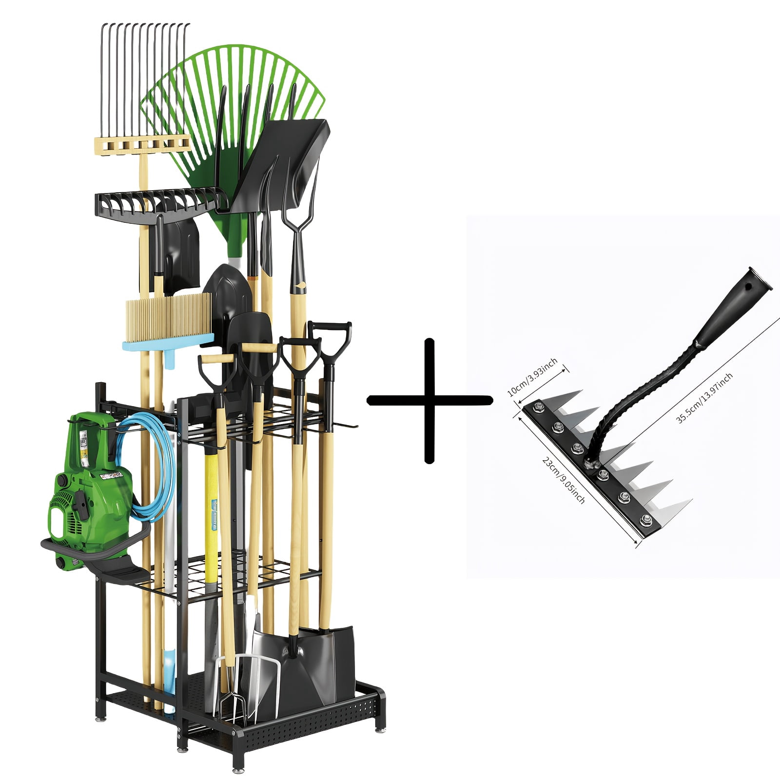 Black Outdoor Garage Long-Handled Tool Storage Rack with Hooks, Sturdy ...