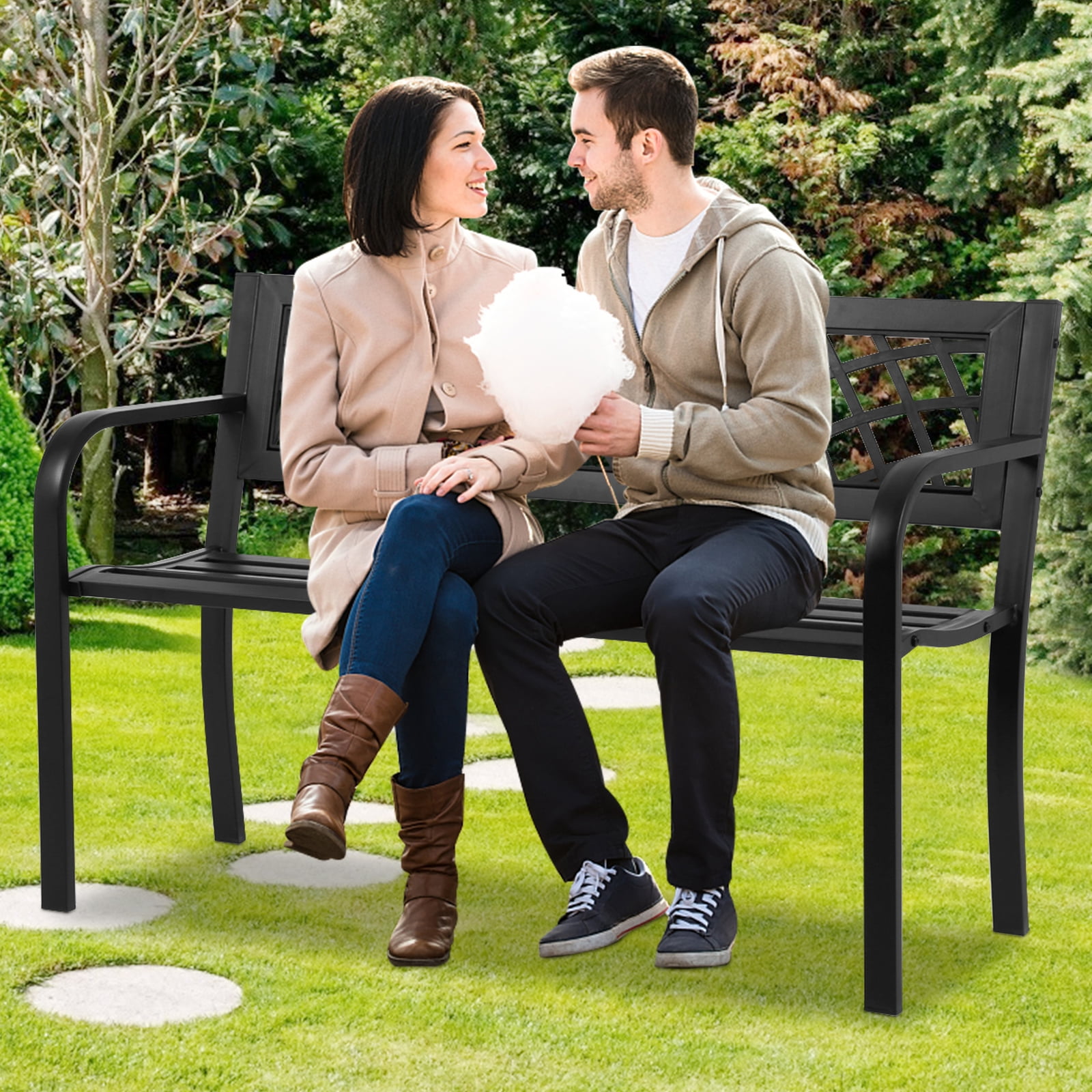 Black Outdoor Garden Bench, Mental Patio Bench with Mesh Pattern ...