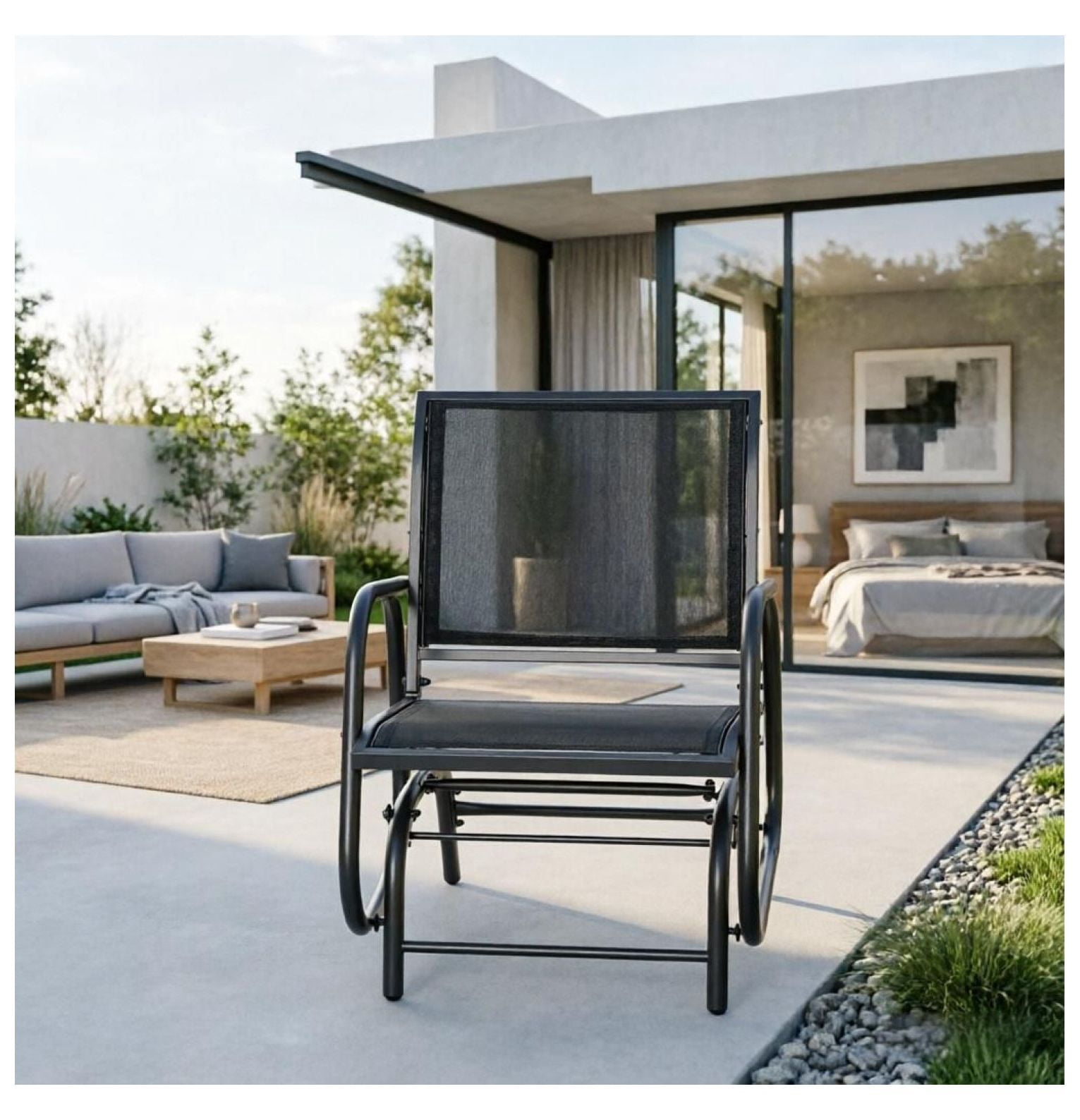 Black Outdoor Glider Chair - Steel Frame, Mesh Seat, Curved Armrests ...