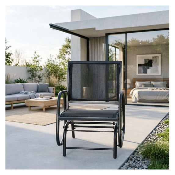 Black Outdoor Glider Chair - Steel Frame, Mesh Seat, Curved Armrests ...