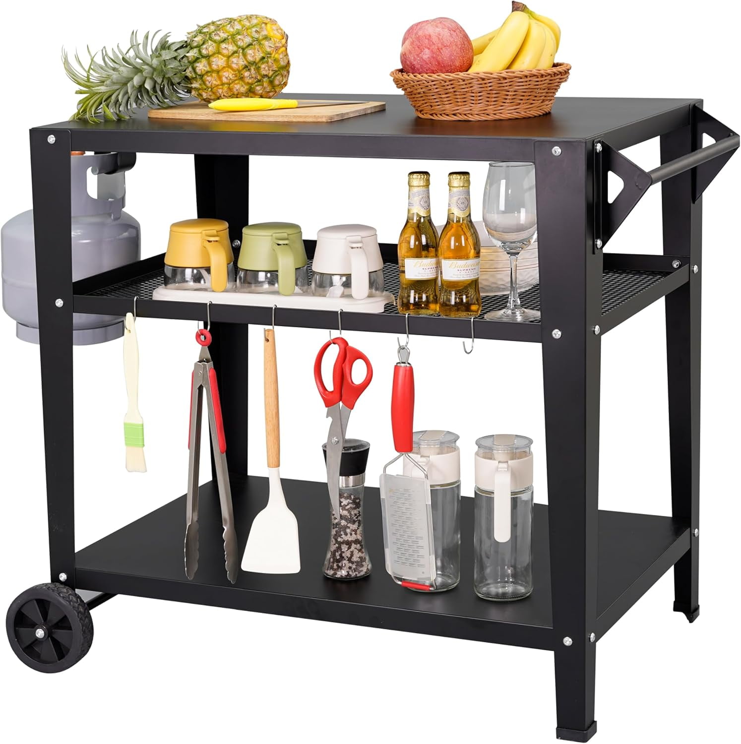 Black Outdoor Grill Cart with Wheels, Heavy-Duty 3-Tier BBQ Prep Table ...