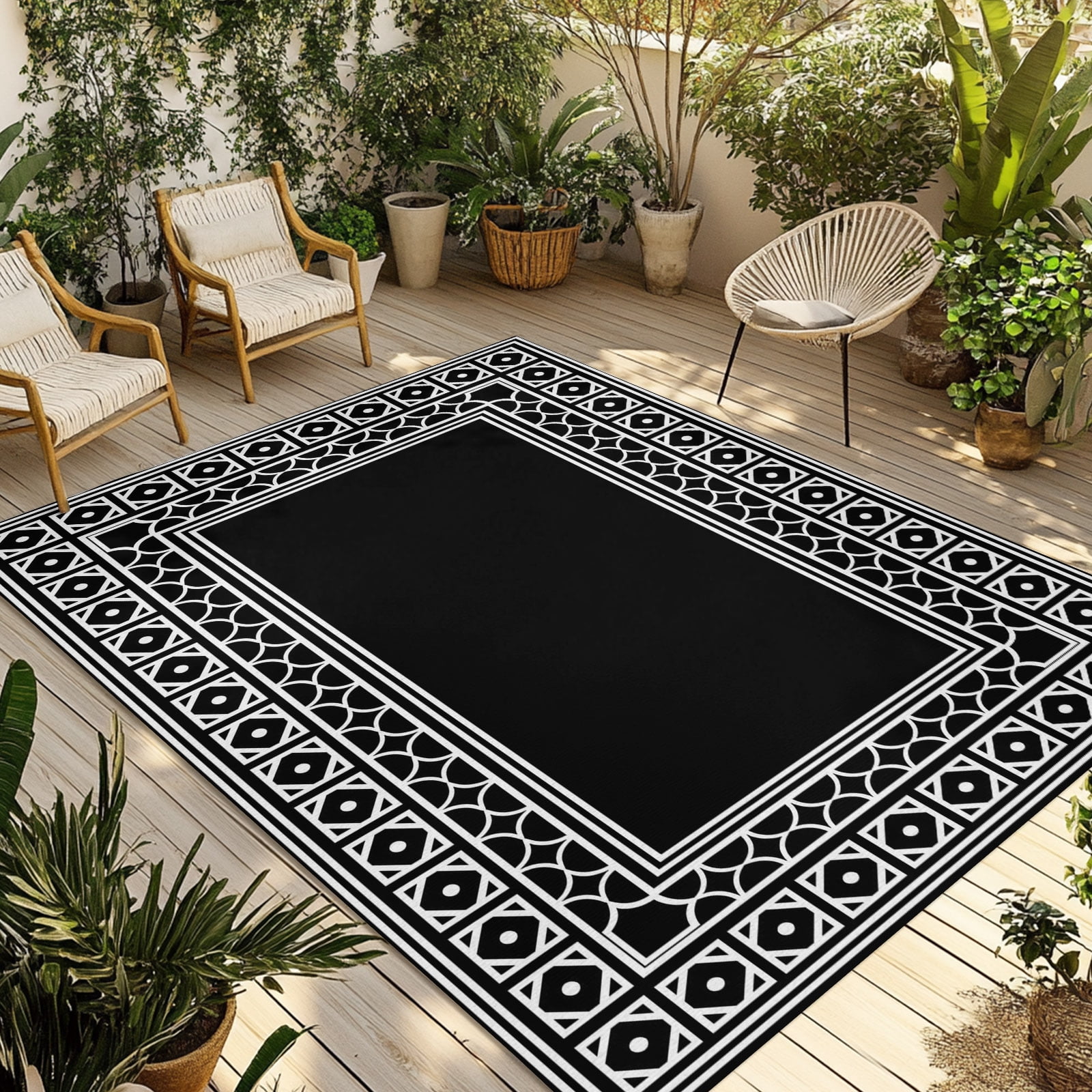 Black Outdoor Rug, Boho Diamond Pattern Border Rustic Southwestern Non ...