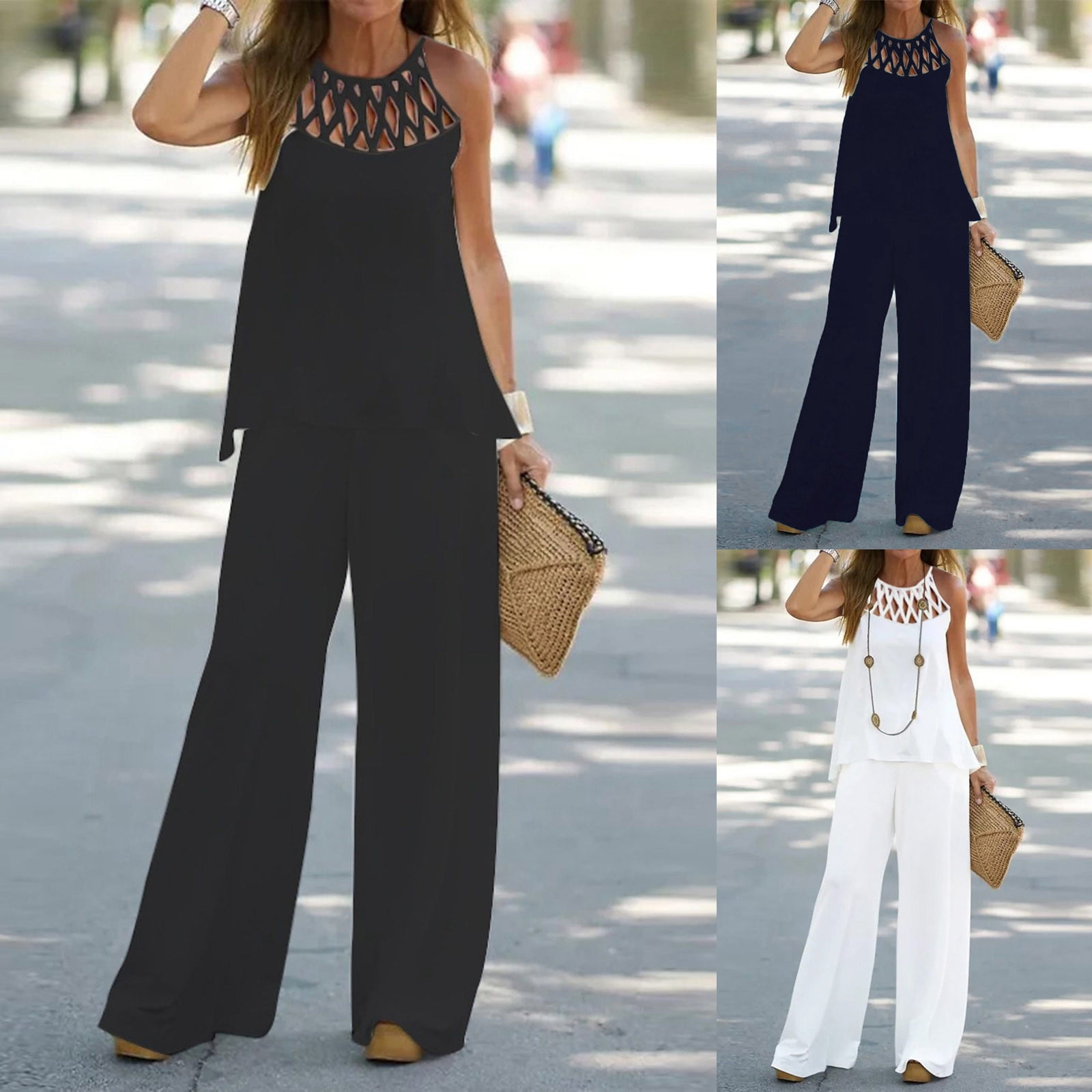 Black Outfits Women Womens 2 Piece Sets Solid Grid Round Neck ...