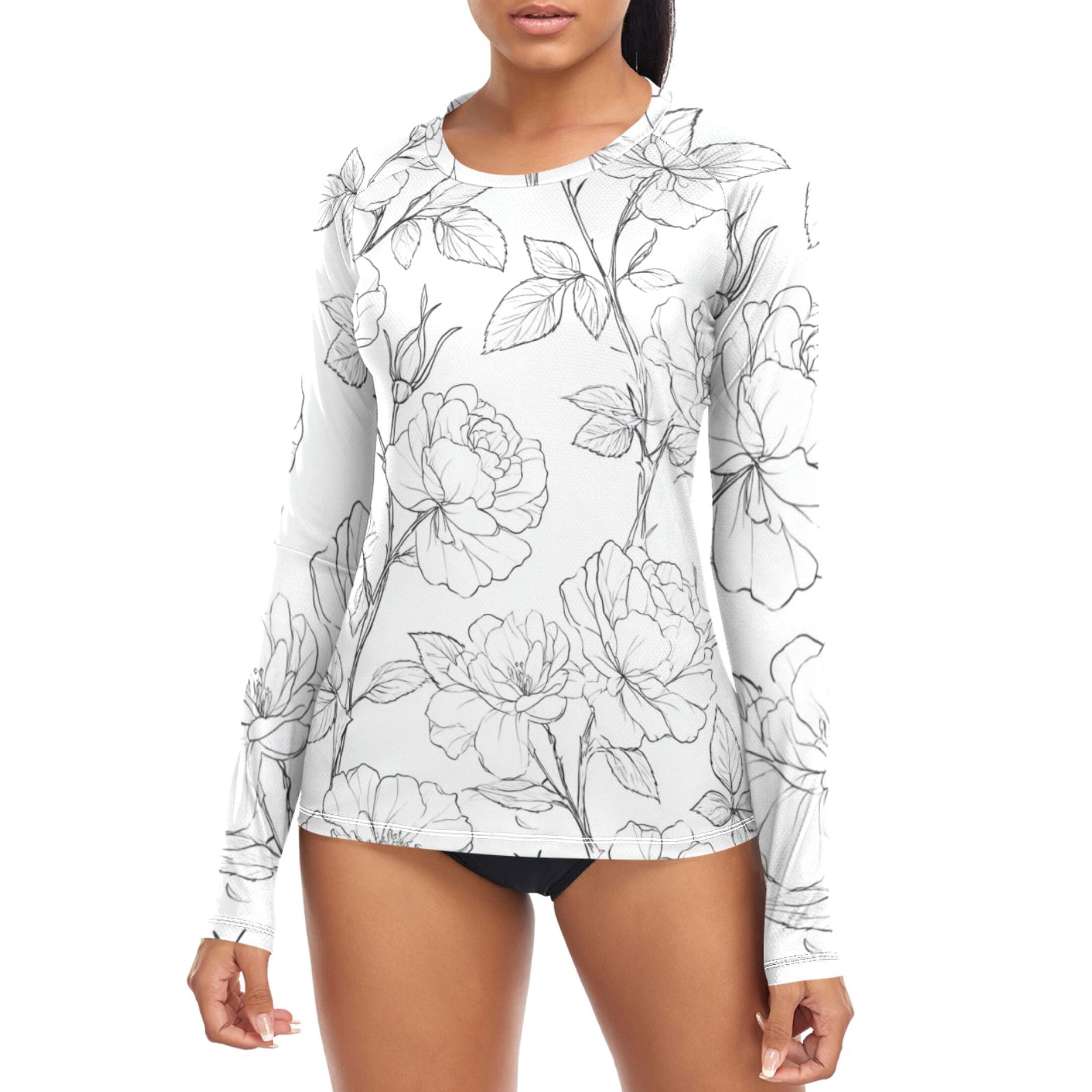 Black Outline Roses Valentine Women's Rash Guard Shirts UPF 50+ Sun ...