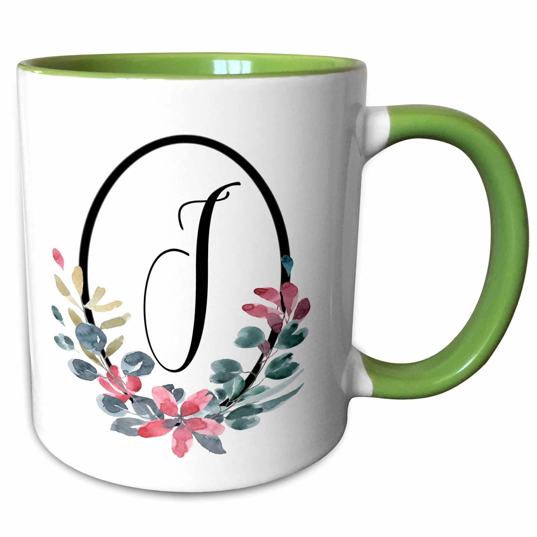 Black Oval Frame, Pink and Blue Watercolor Floral Monogram Initial J ...