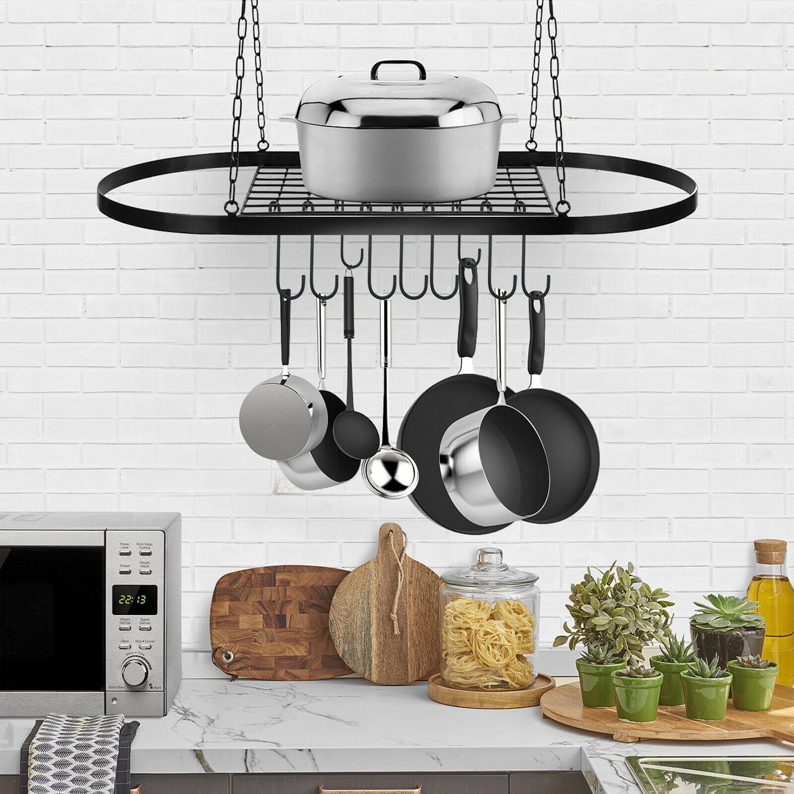 Black Oval Hanging Pot and Pan Rack, Ceiling Mount Storage Rack ...