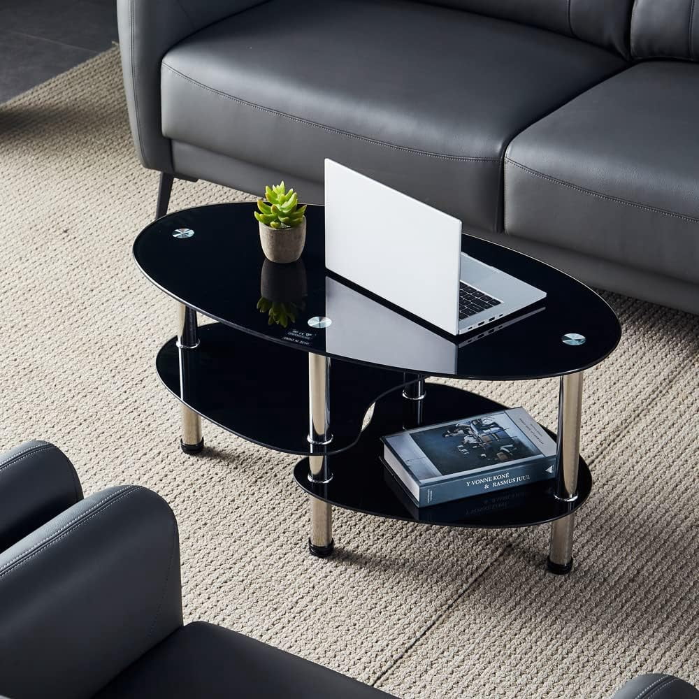 Black Oval-Shaped Glass Tea Table for Office, 3-Tier Modern Coffee ...