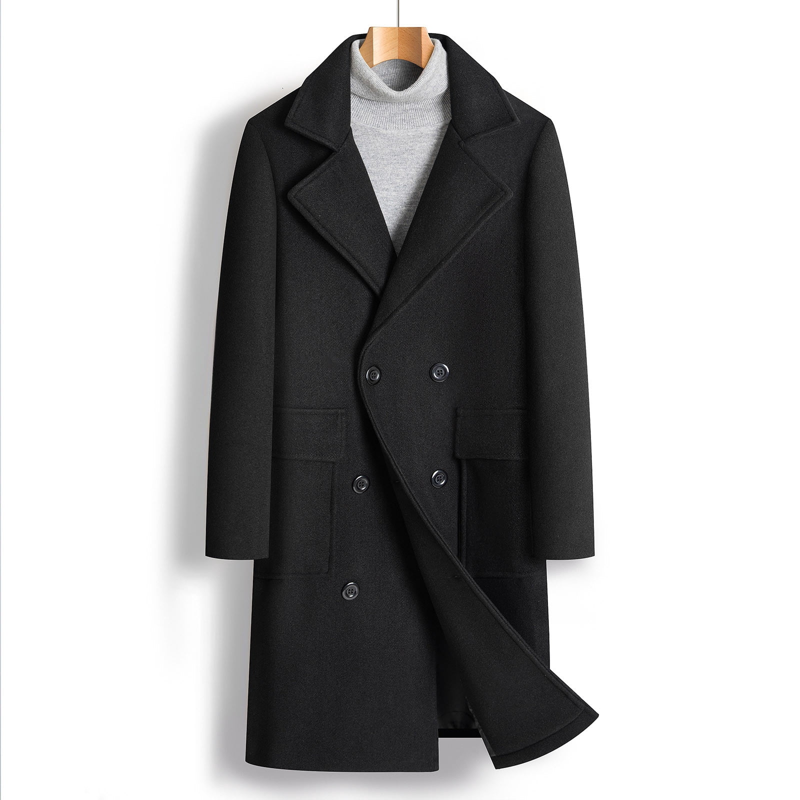 Black Overcoats for Men Long Trench Coat Wool Blend Peacoats Winter ...
