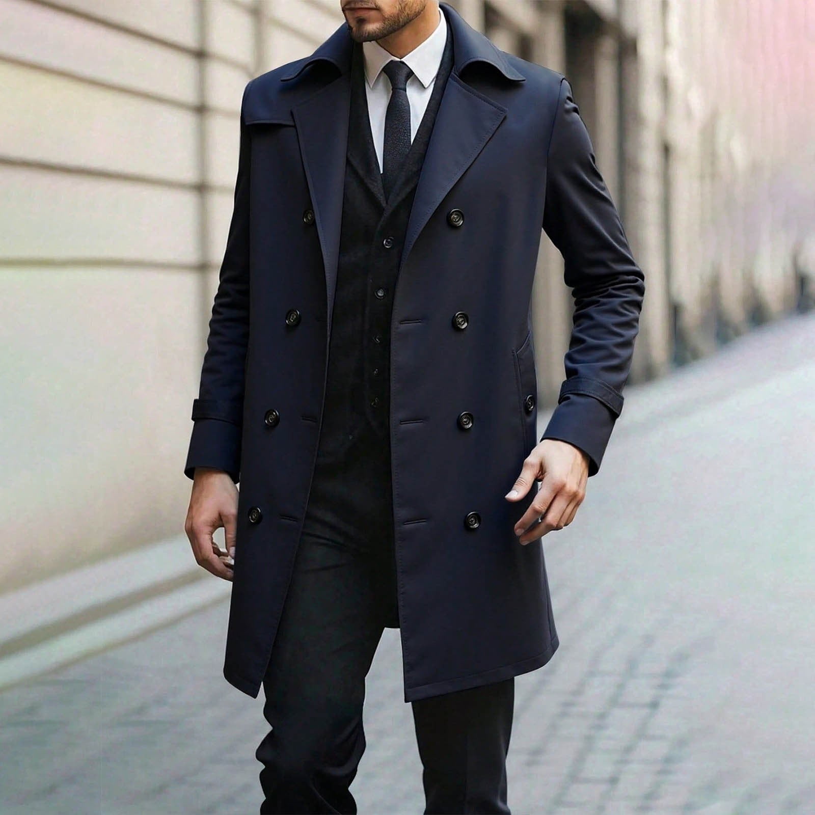 Black Overcoats for Men Winter Trench Coat Single Breasted Parkas Open ...