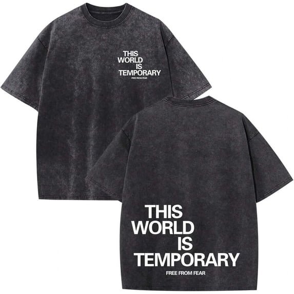 Black Oversized Acid Wash Graphic T-Shirt With This World Is Temporary ...
