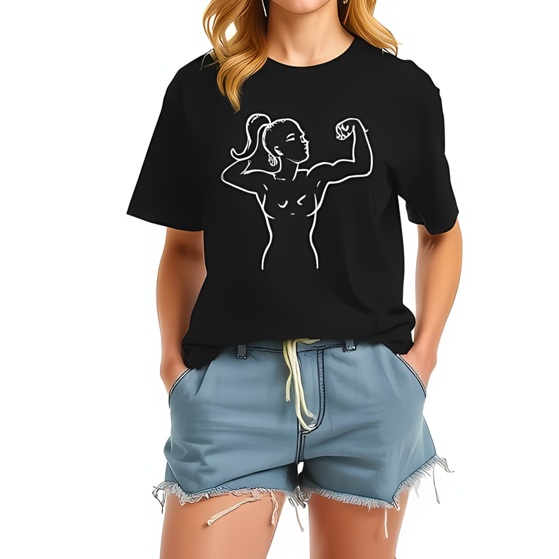 Black Oversized Cotton T-Shirt with Minimalist White Line Drawing of Muscular Woman Flexing ...