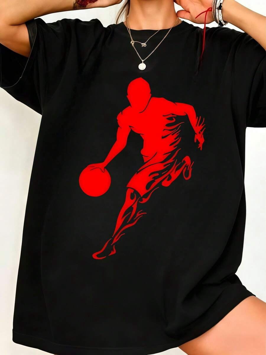 Black Oversized Graphic T-Shirt With Fiery Red Basketball Dribbler ...