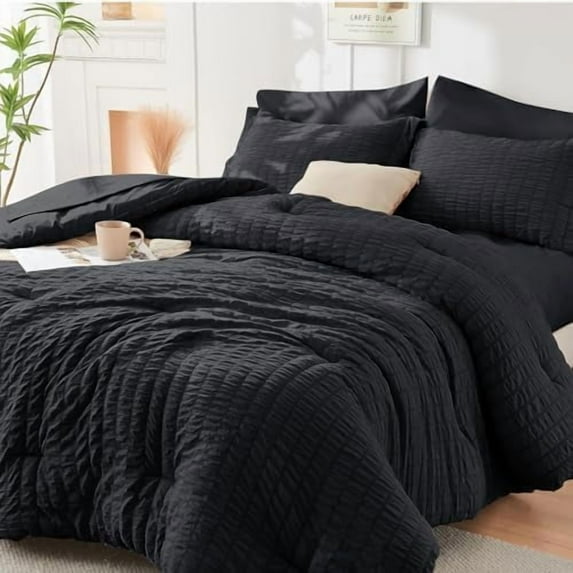 Black Oversized Queen Comforter Set Seersucker 7 Pieces, All Season ...