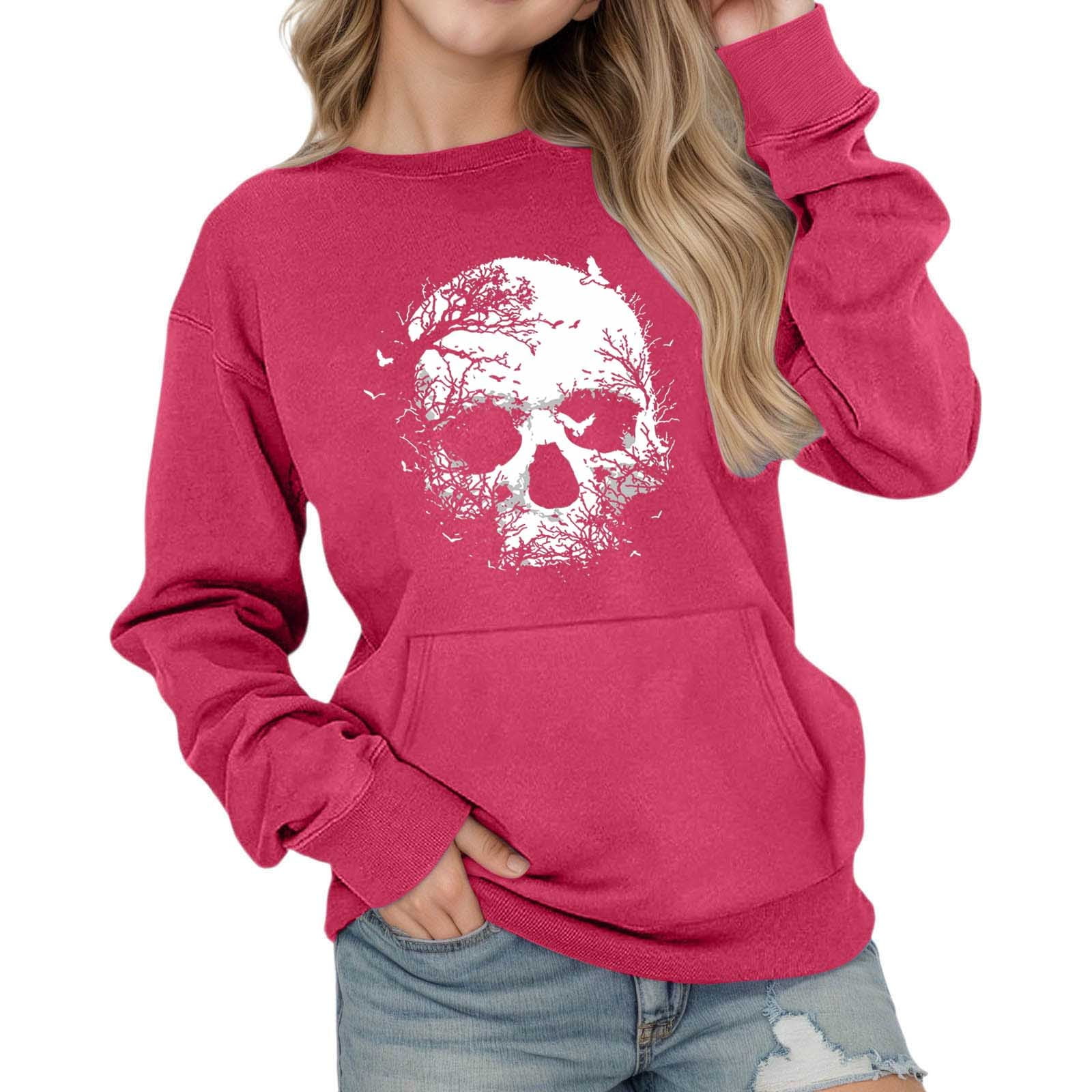 Black Oversized Skull Print Pullover Hoodie with Front Pocket for Girls ...