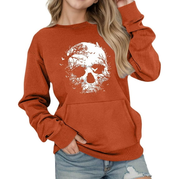 Black Oversized Skull Print Pullover Hoodie with Front Pocket for Teen ...