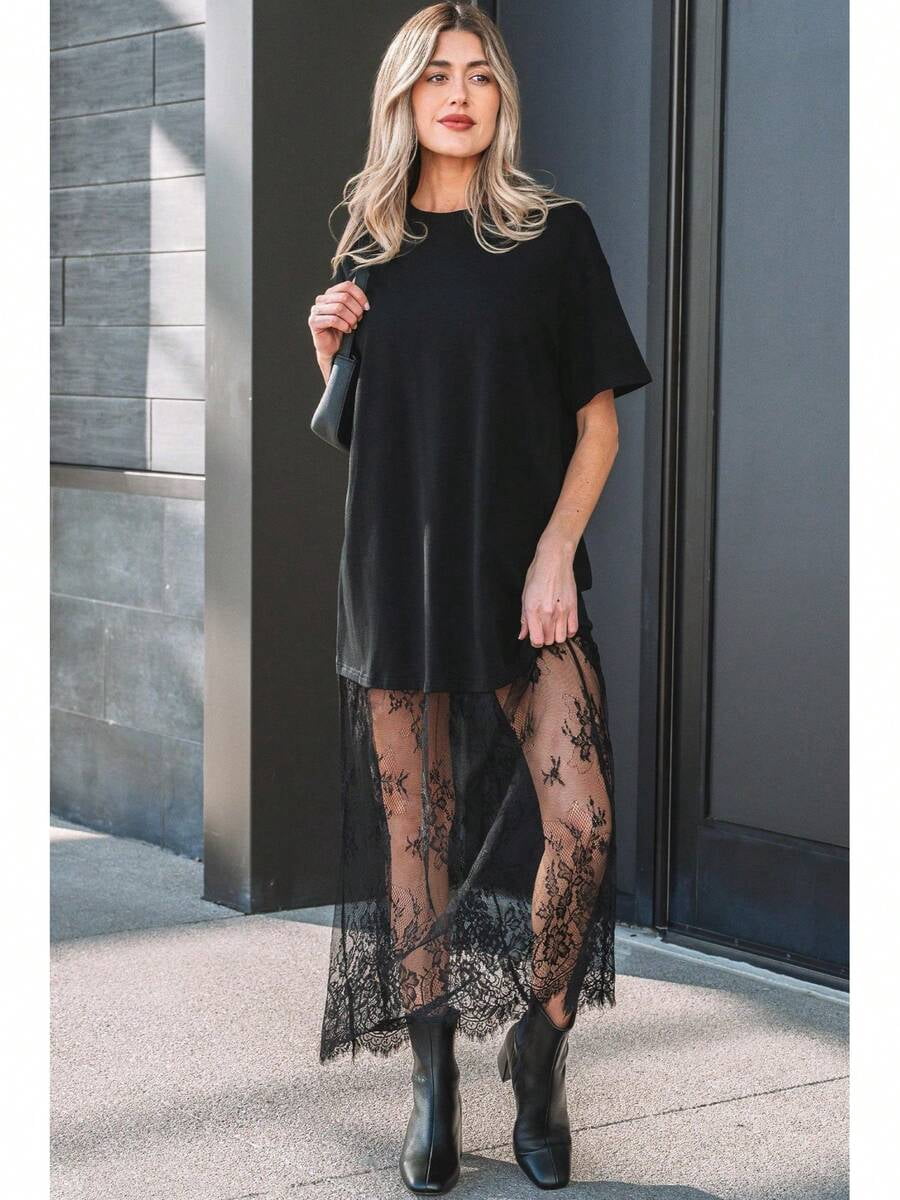 Black Oversized T-Shirt Dress With Lace Overlay, Casual Long Dress For ...