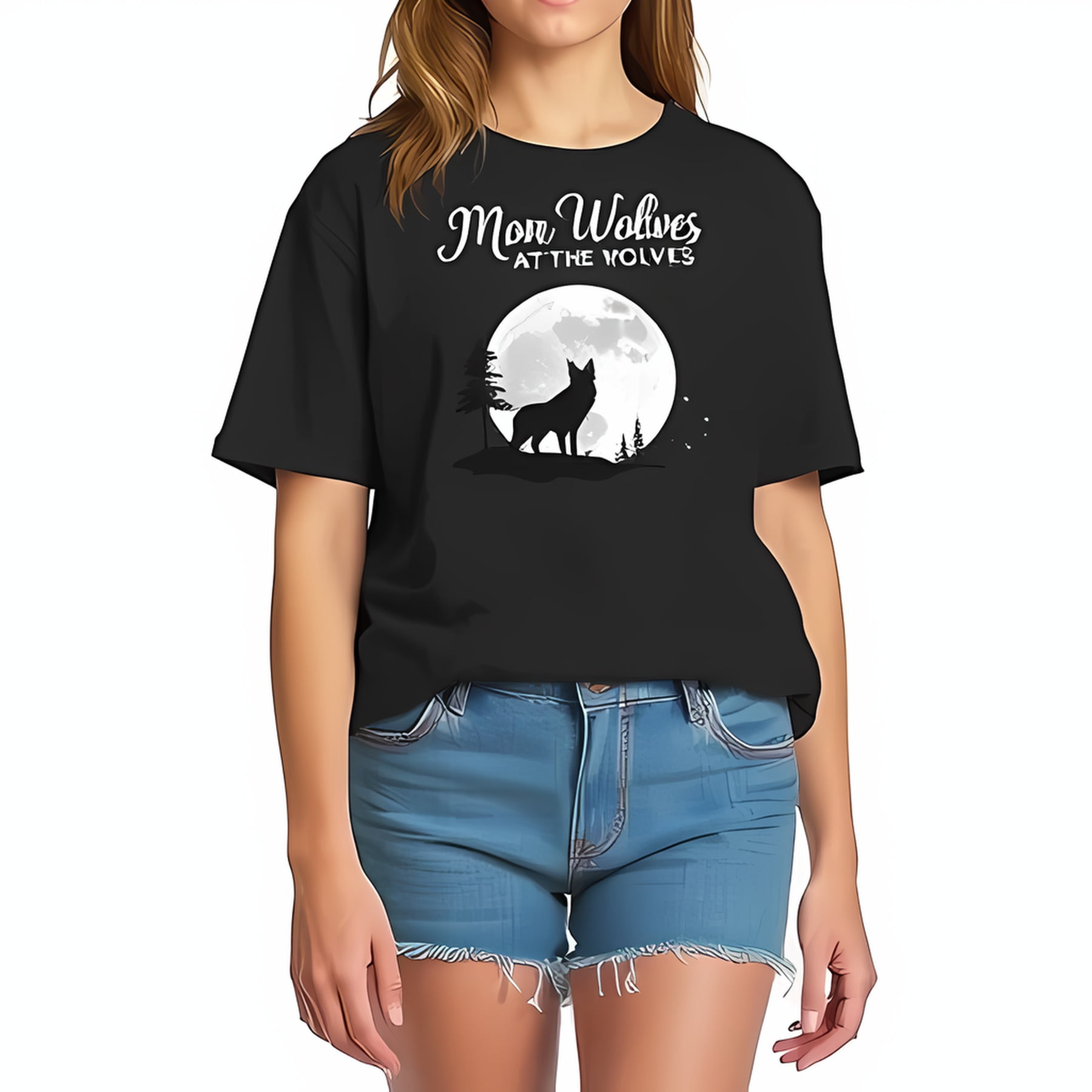 Black Oversized T-Shirt with Wolf and Moon Graphic - "Mom Wolves at the ...