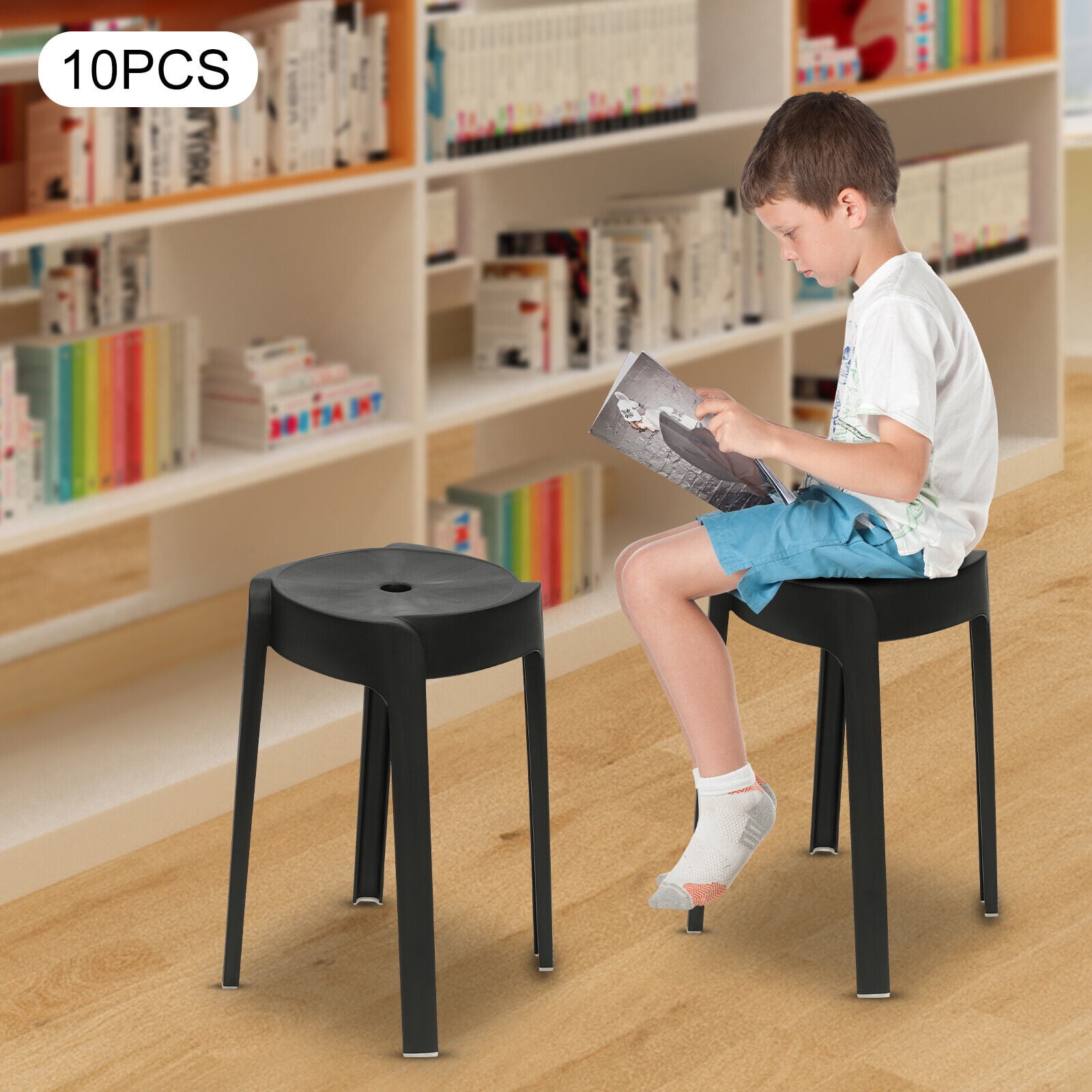 Black PP 10 Pack Plastic Stackable Stools, 18" Plastic Round Stools ...