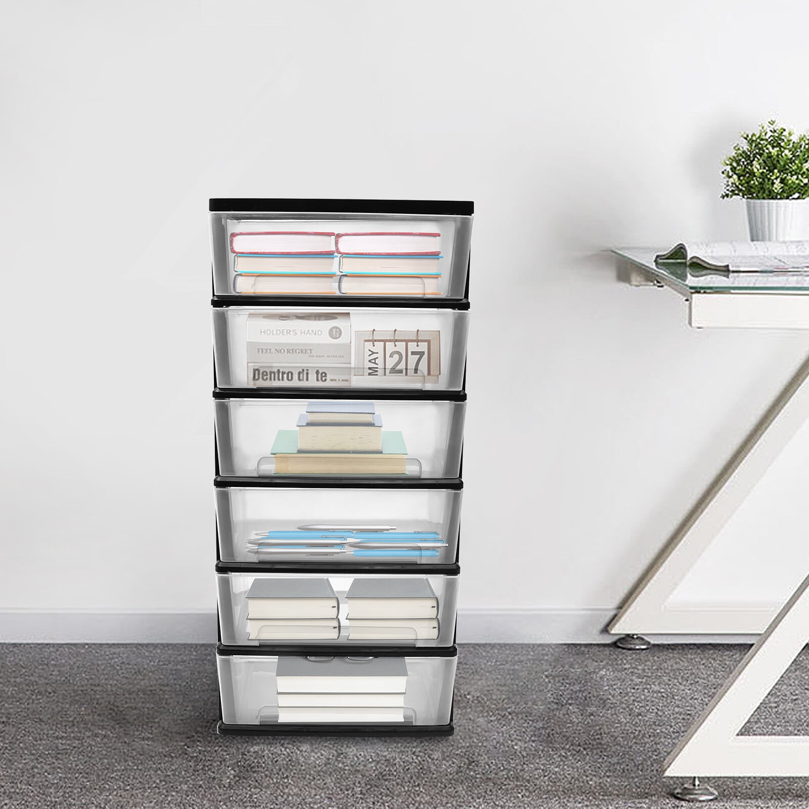 Black PP 109cm High 6-Story Rolling Locker Transparent Drawer File ...