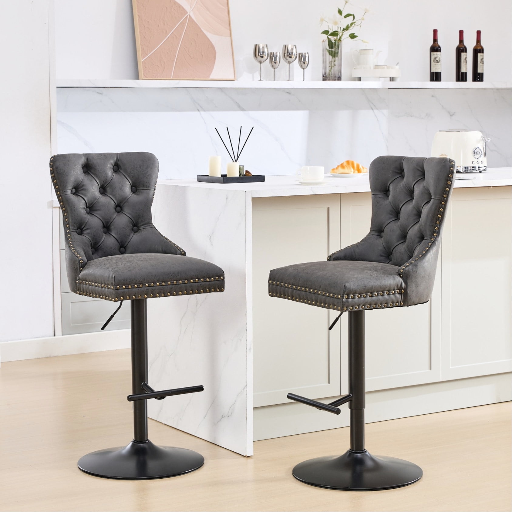 Black PU Bar Stools, Adjustable Seat 26 - 33 Inch, Set of 2 | Hand ...
