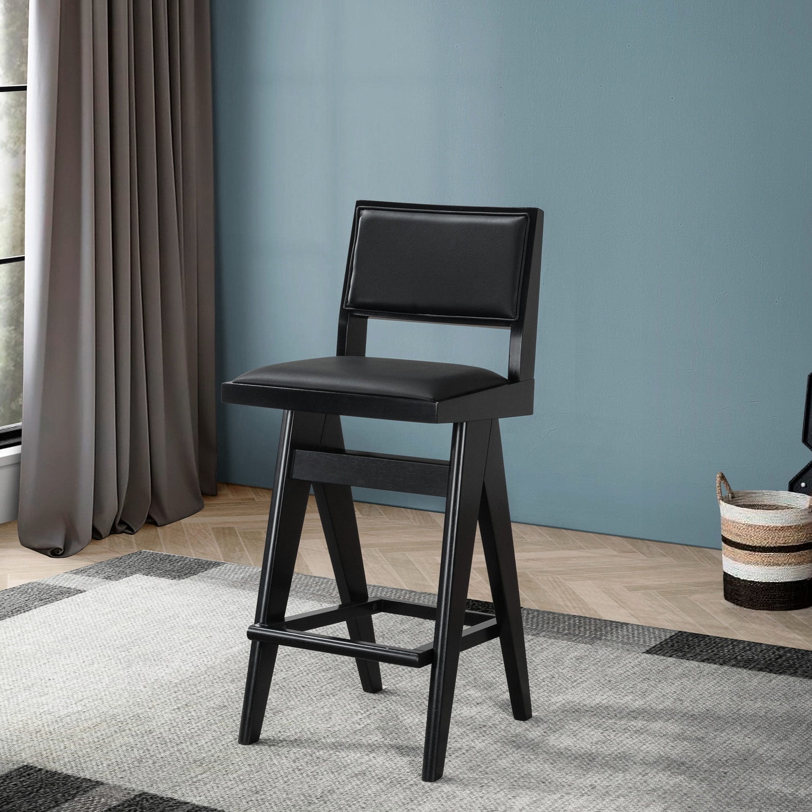 Black PU Bar Stools (Set of 2), 18.11in Depth | Mid - century Design ...
