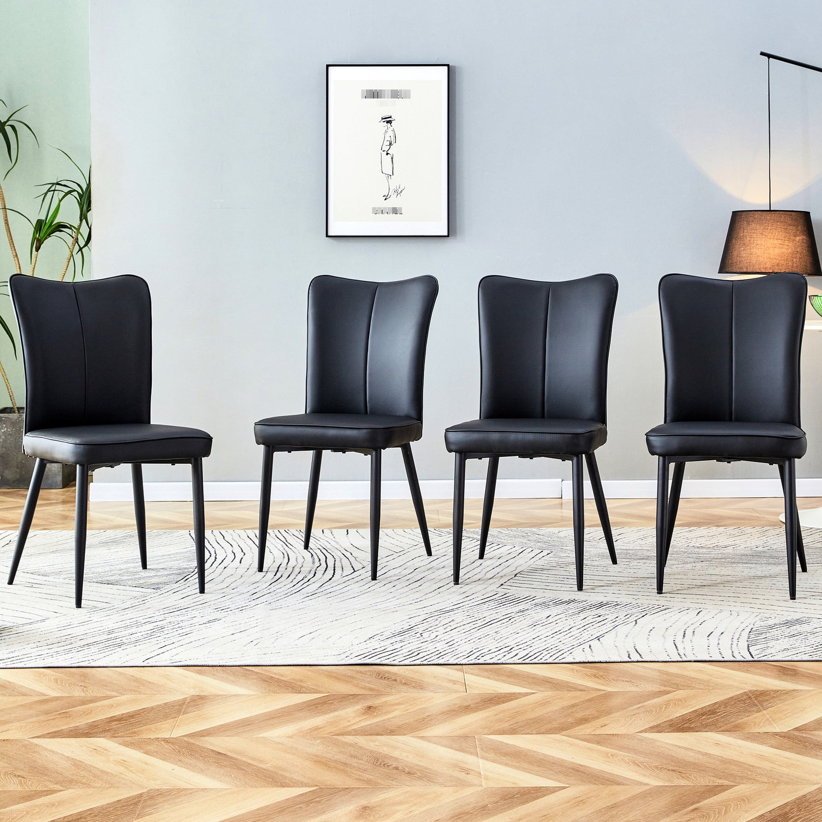 Black PU Leather Curved Back Dining Chairs, 4 Pieces | Ergonomic Design ...