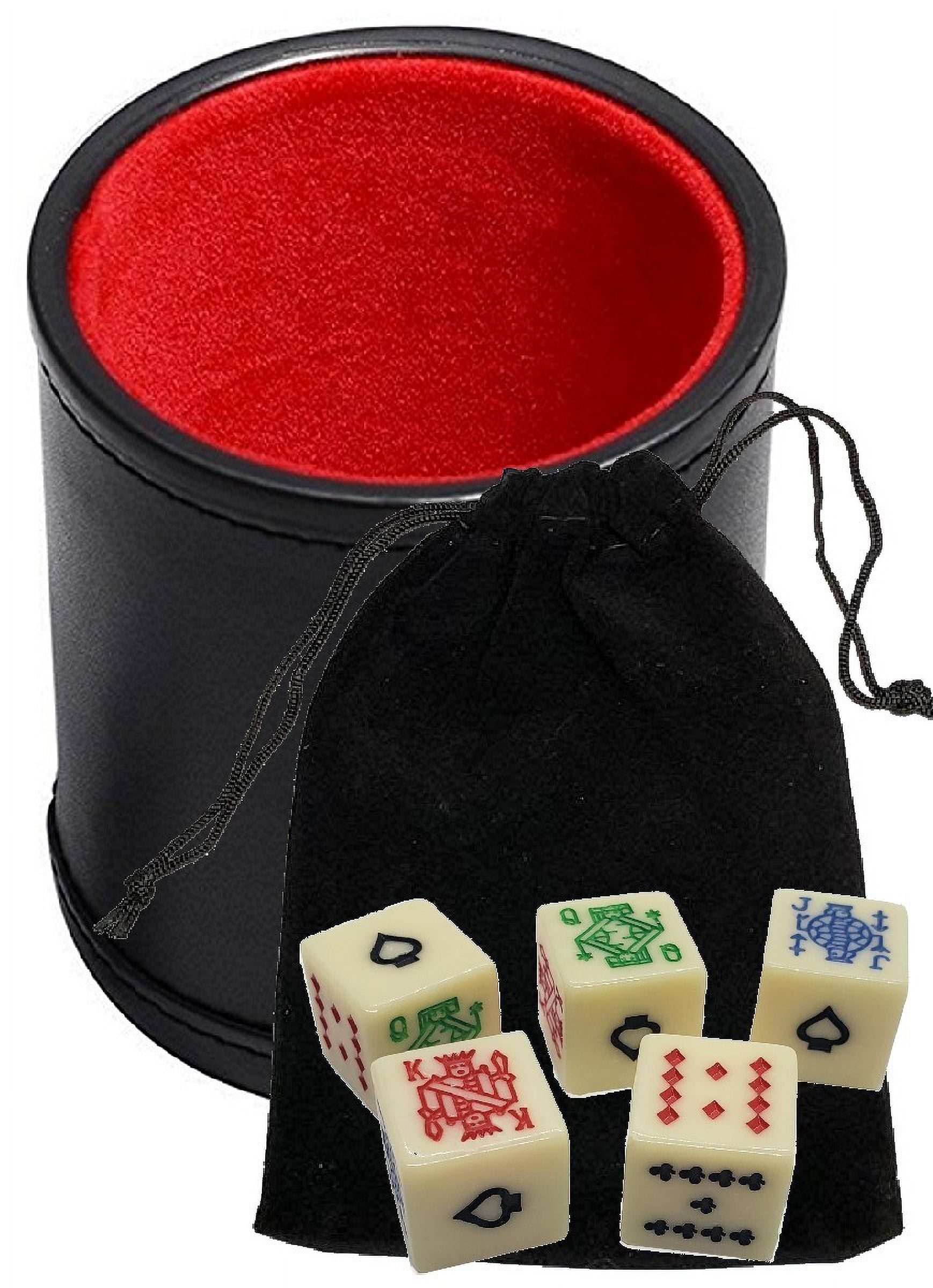 Black PU Leather Dice Cup Red Felt Lined and Ivory Tone Poker Dice with ...
